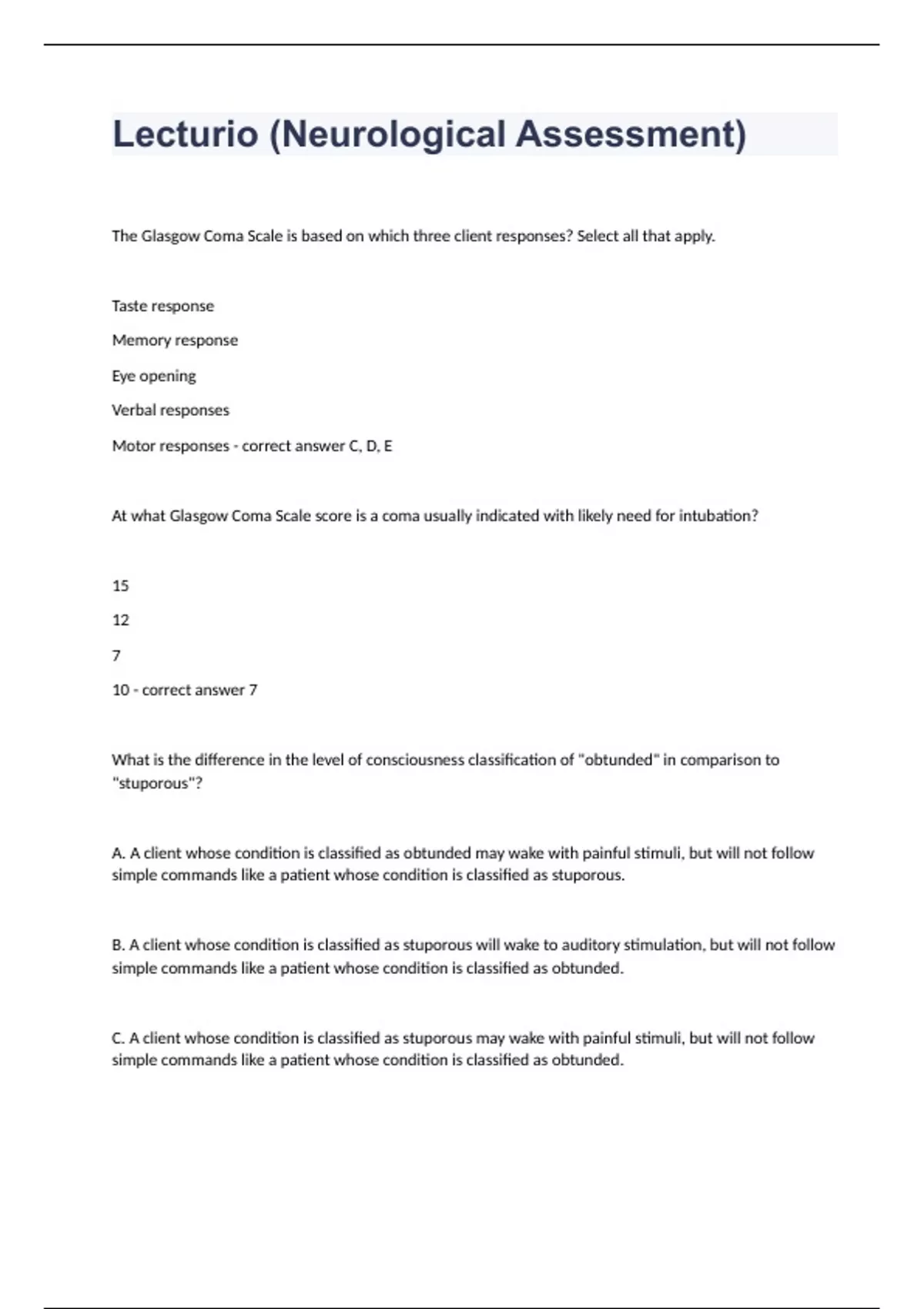 Lecturio (Neurological Assessment ) questions well answered rated A+ ...