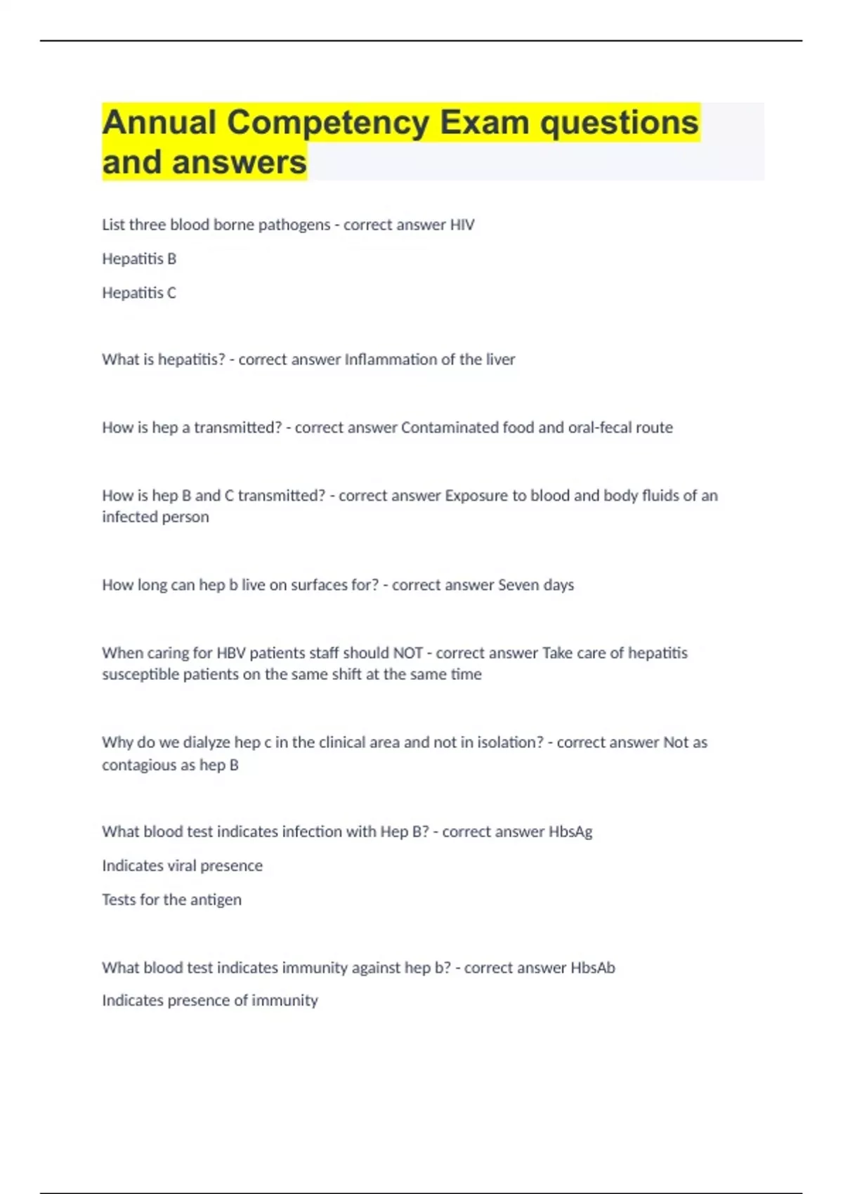 Annual Competency Exam questions and answers - DAVITA ANNUAL COMPETENCY ...