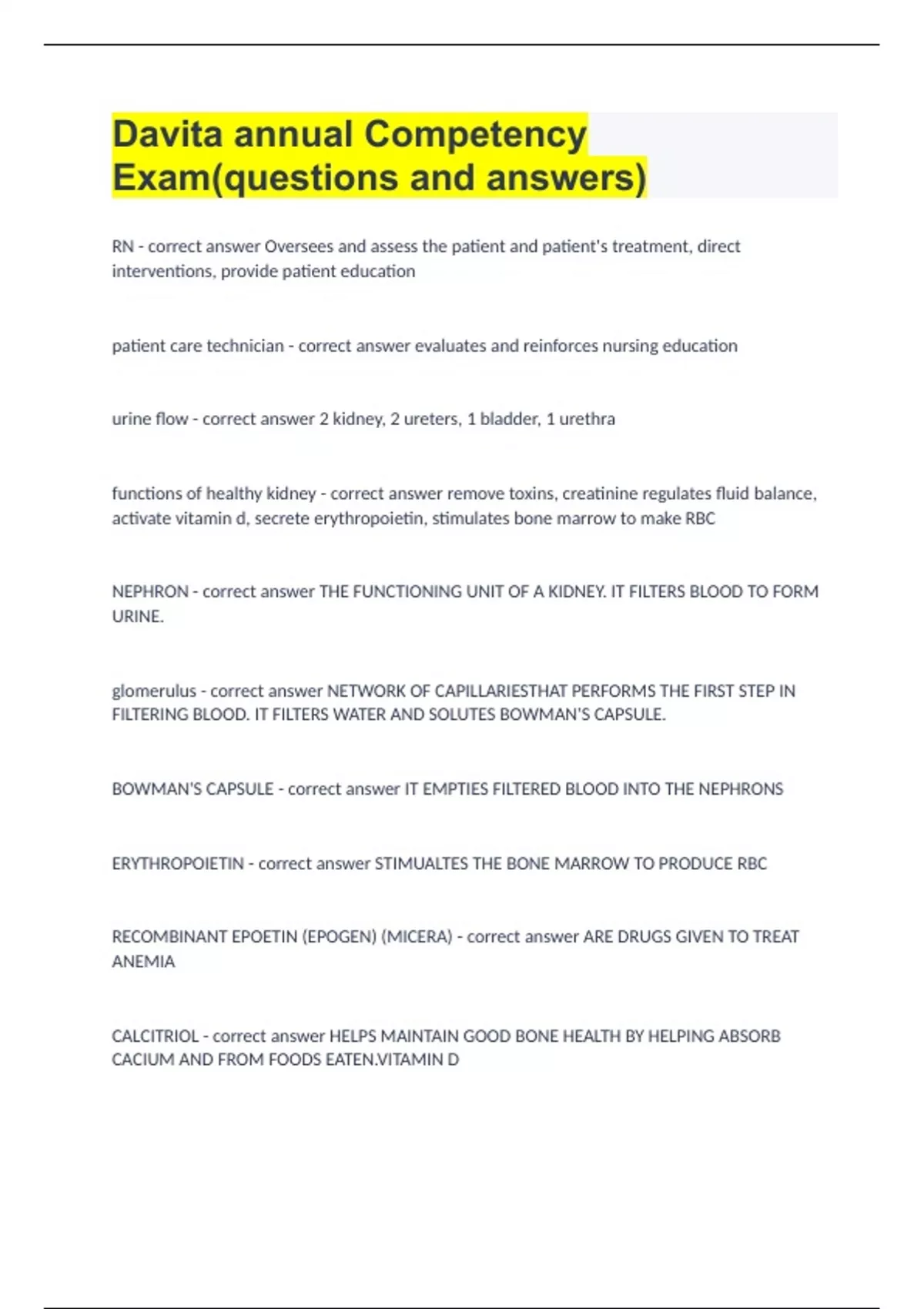 Davita annual Competency Exam(questions and answers) - DAVITA ANNUAL ...