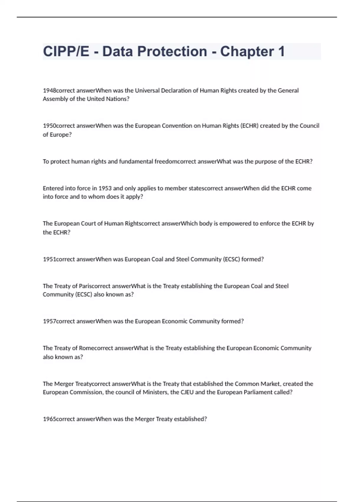 CIPP/E - Data Protection - Chapter 1 practice questions with correct ...