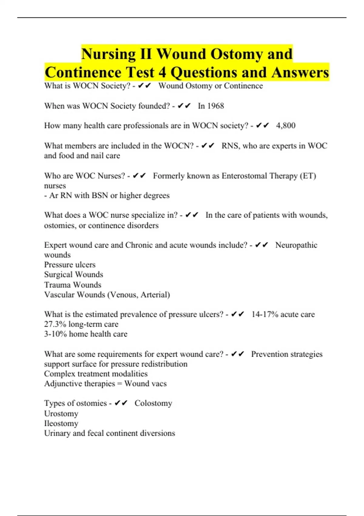 Nursing II Wound Ostomy and Continence Test 4 Questions and Answers ...