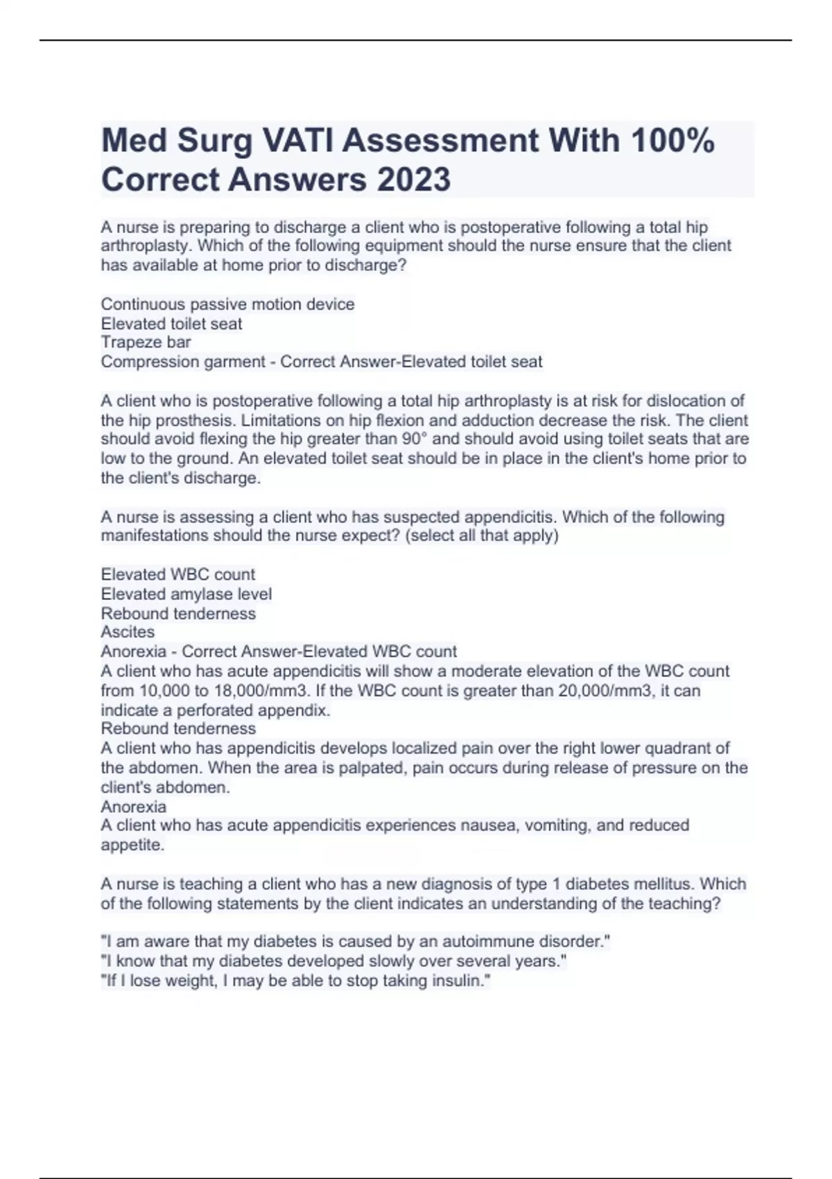 Med Surg VATI Assessment With 100% Correct Answers 2023 - VATI - Stuvia US