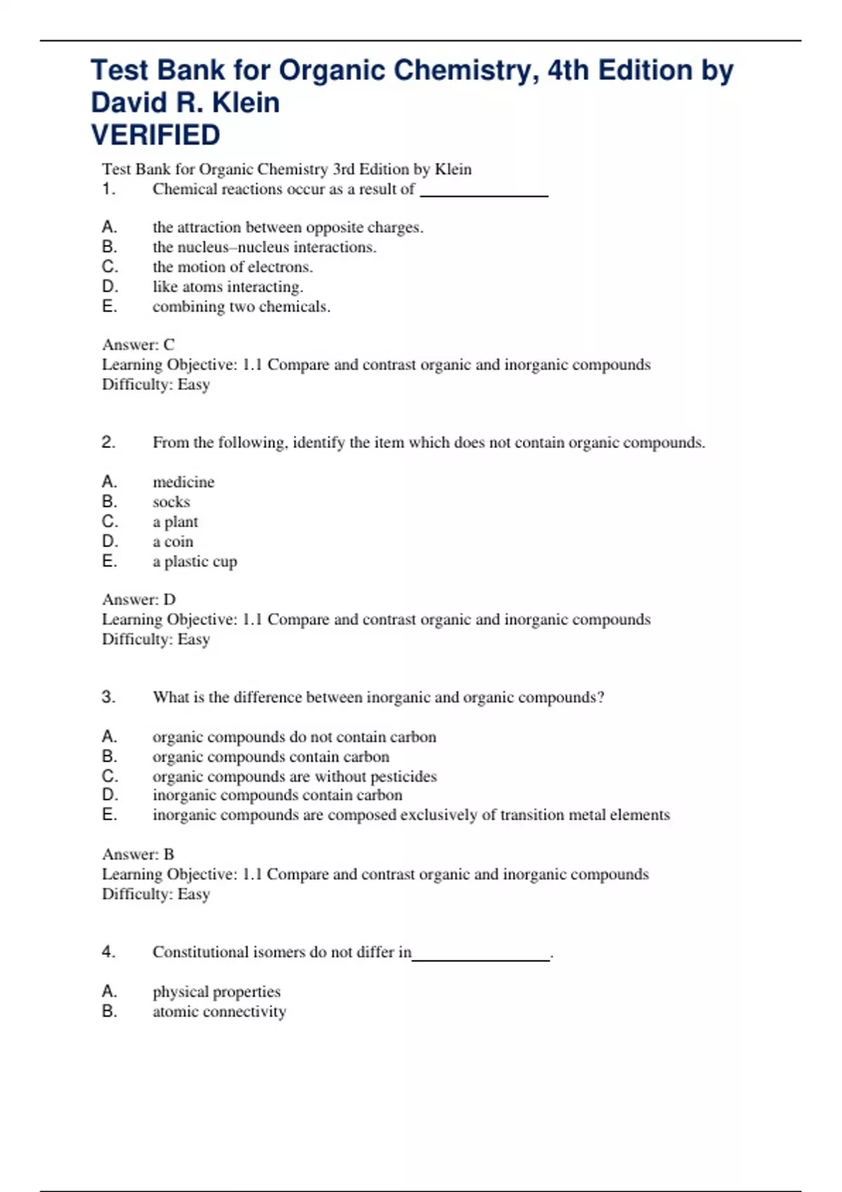 Test Bank for Organic Chemistry, 4th Edition by David R. Klein ...