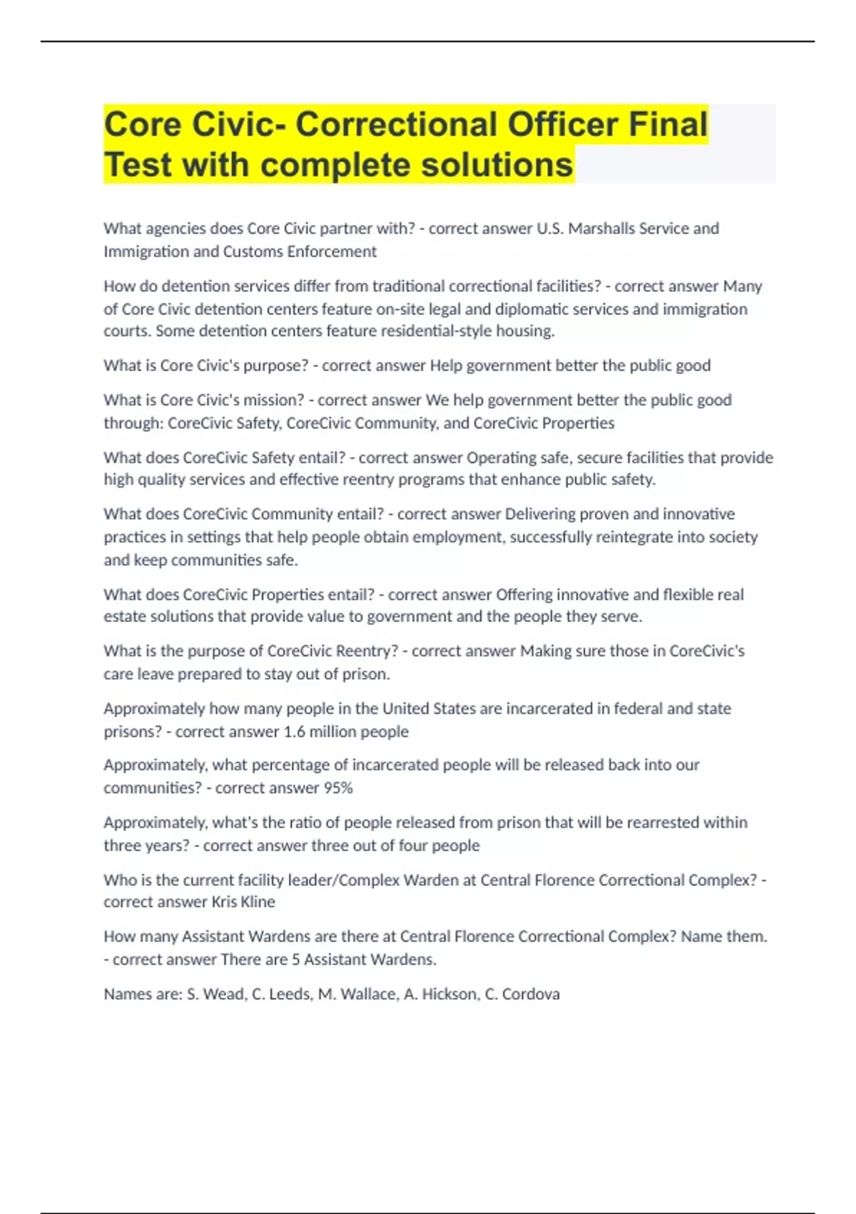 Core Civic- Correctional Officer Final Test with complete solutions ...