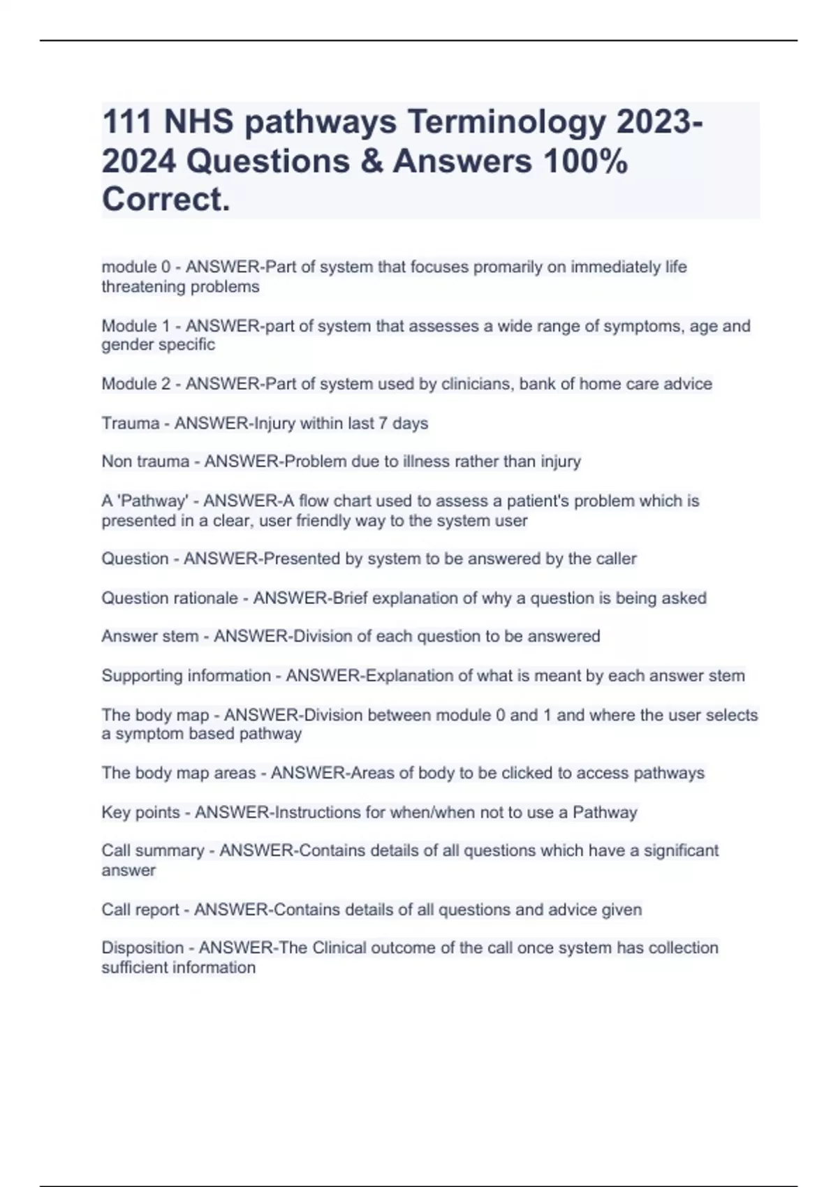 111 NHS pathways Terminology Questions & Answers 100% Correct. - NHS - Stuvia US