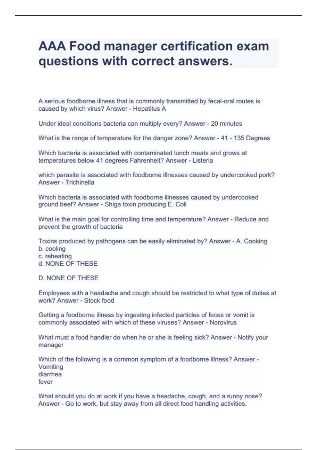 Aaa Food Manager Exam Answers Aaa Food Manager Certification Aaa Food Manager Exam Answers Aaa Food Manager Certification