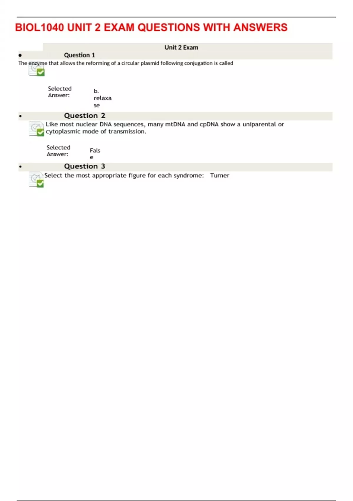 BIOL1040 UNIT 2 EXAM QUESTIONS WITH ANSWERS - BIOL1NSWERS - Stuvia US