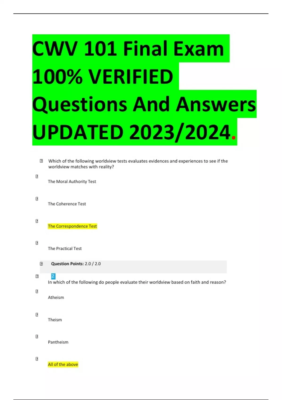 CWV 101 Final Exam 100% VERIFIED Questions And Answers UPDATED 2023/ ...