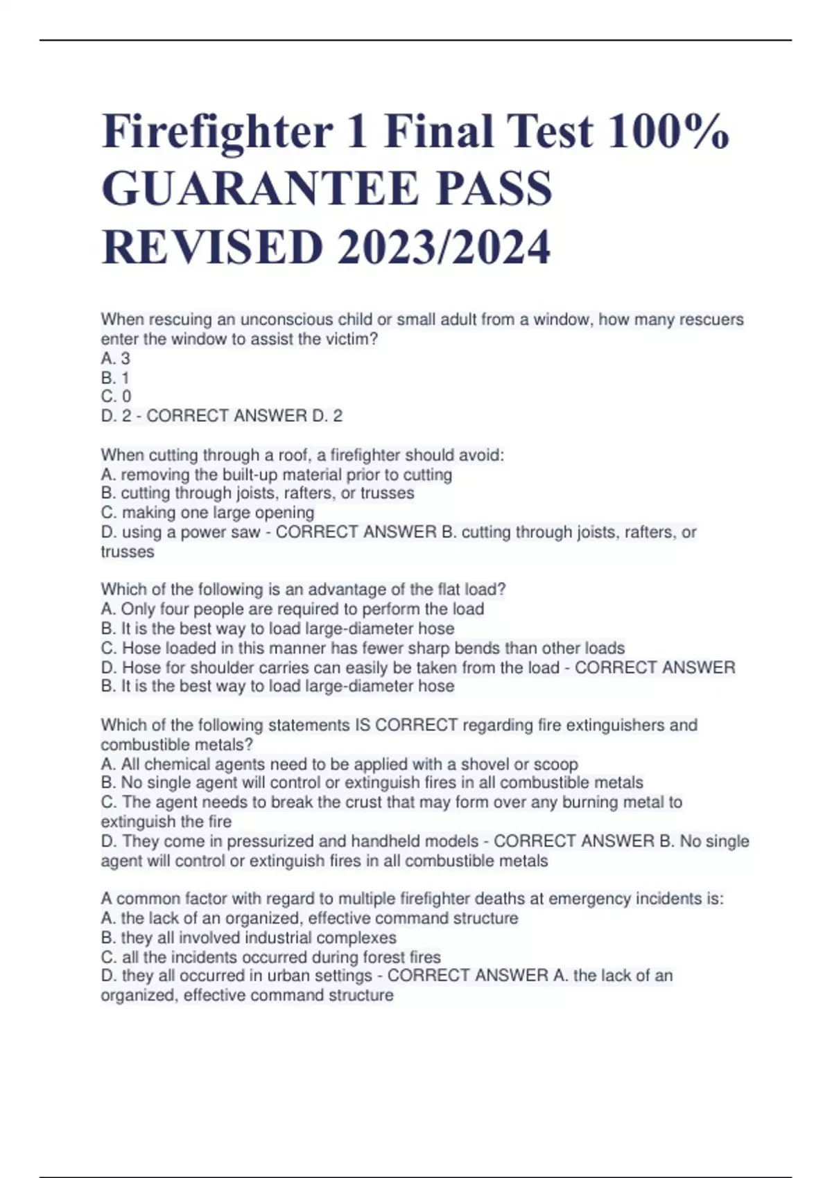 Firefighter 1 Final Test 100% GUARANTEE PASS REVISED 2023/2024 ...