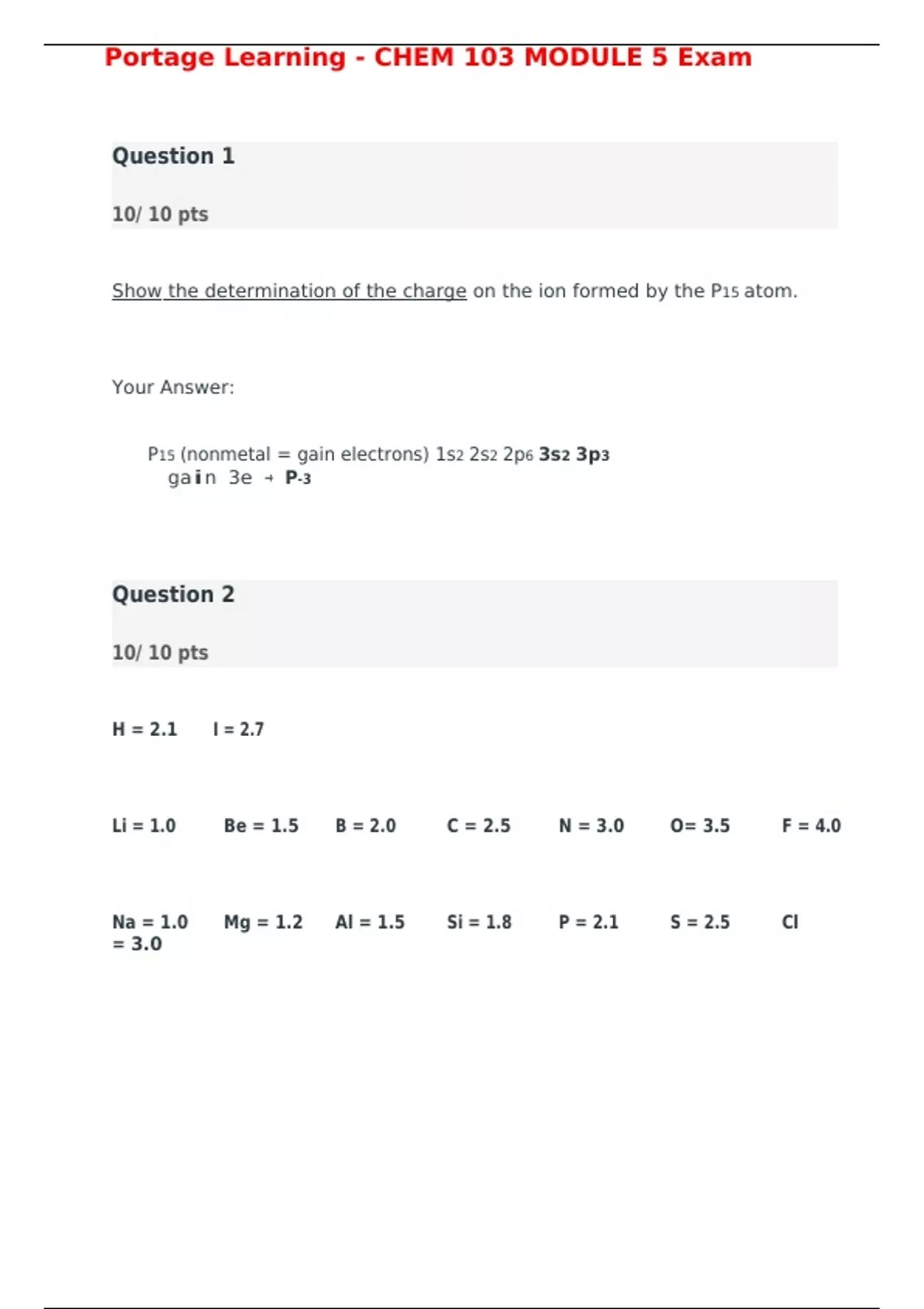 Portage Learning - CHEM 103 MODULE 5 Exam - CHEM 103 - Stuvia US