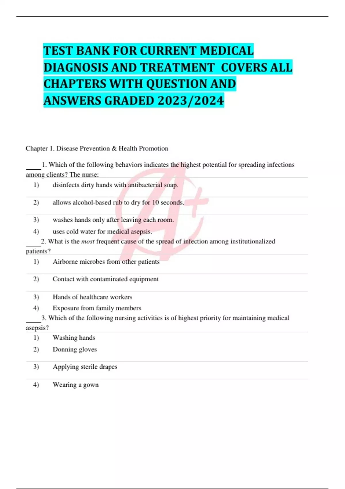 TEST BANK FOR CURRENT MEDICAL DIAGNOSIS AND TREATMENT COVERS ALL ...