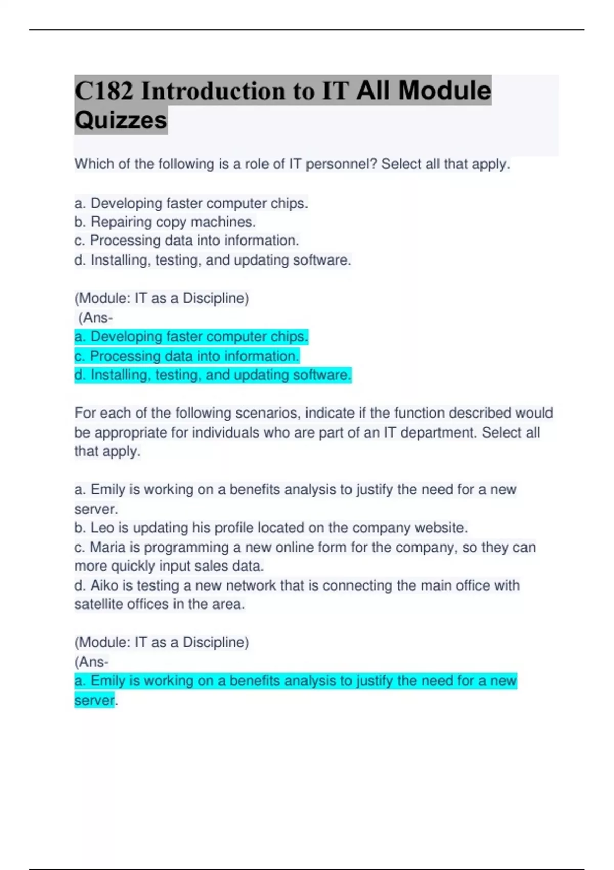 C182 Introduction to IT WGU Pre-Assessment:C182 Introduction to IT All ...