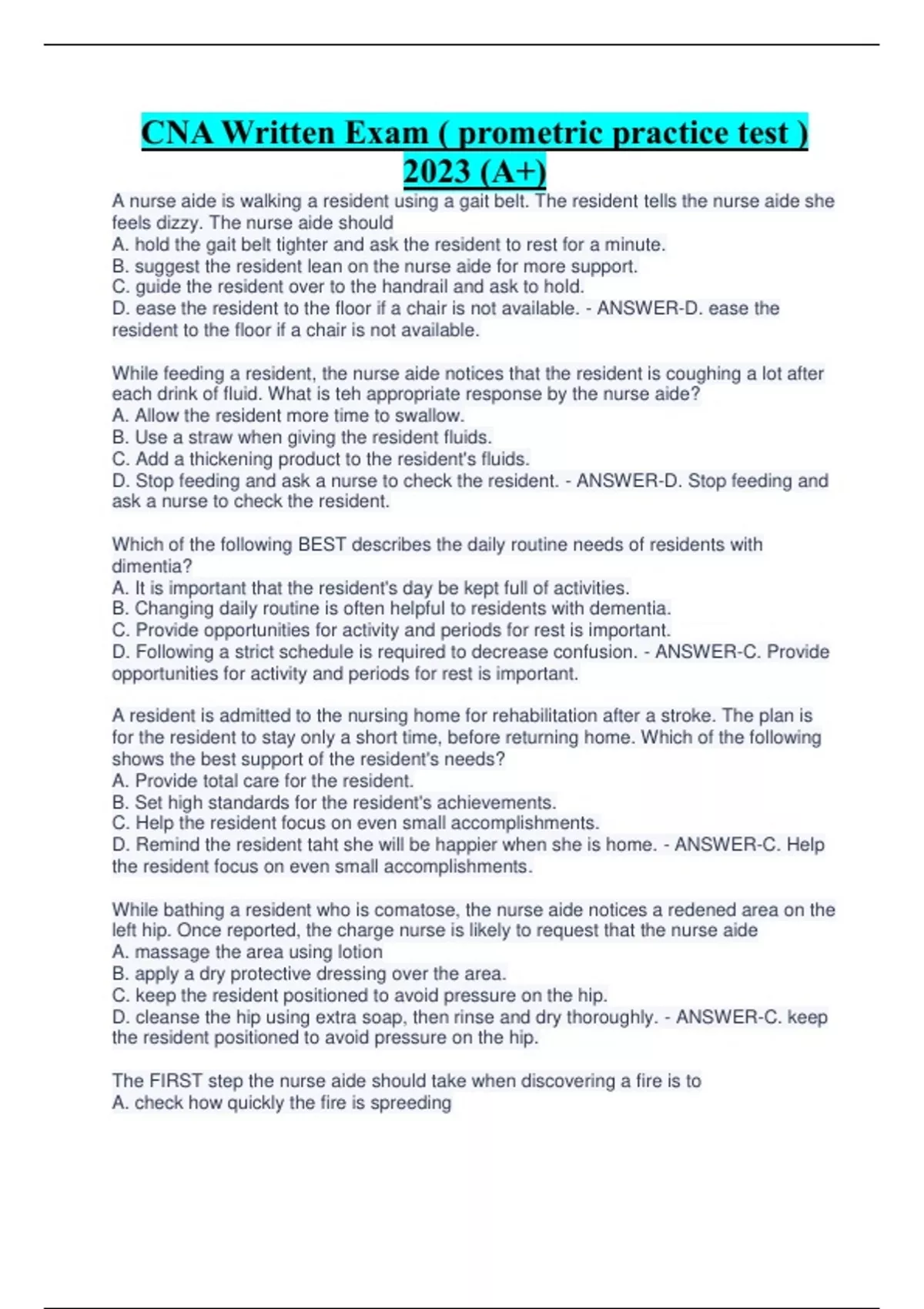 CNA Written Exam ( prometric practice test ) 2023 (A+) - CNA Written ...