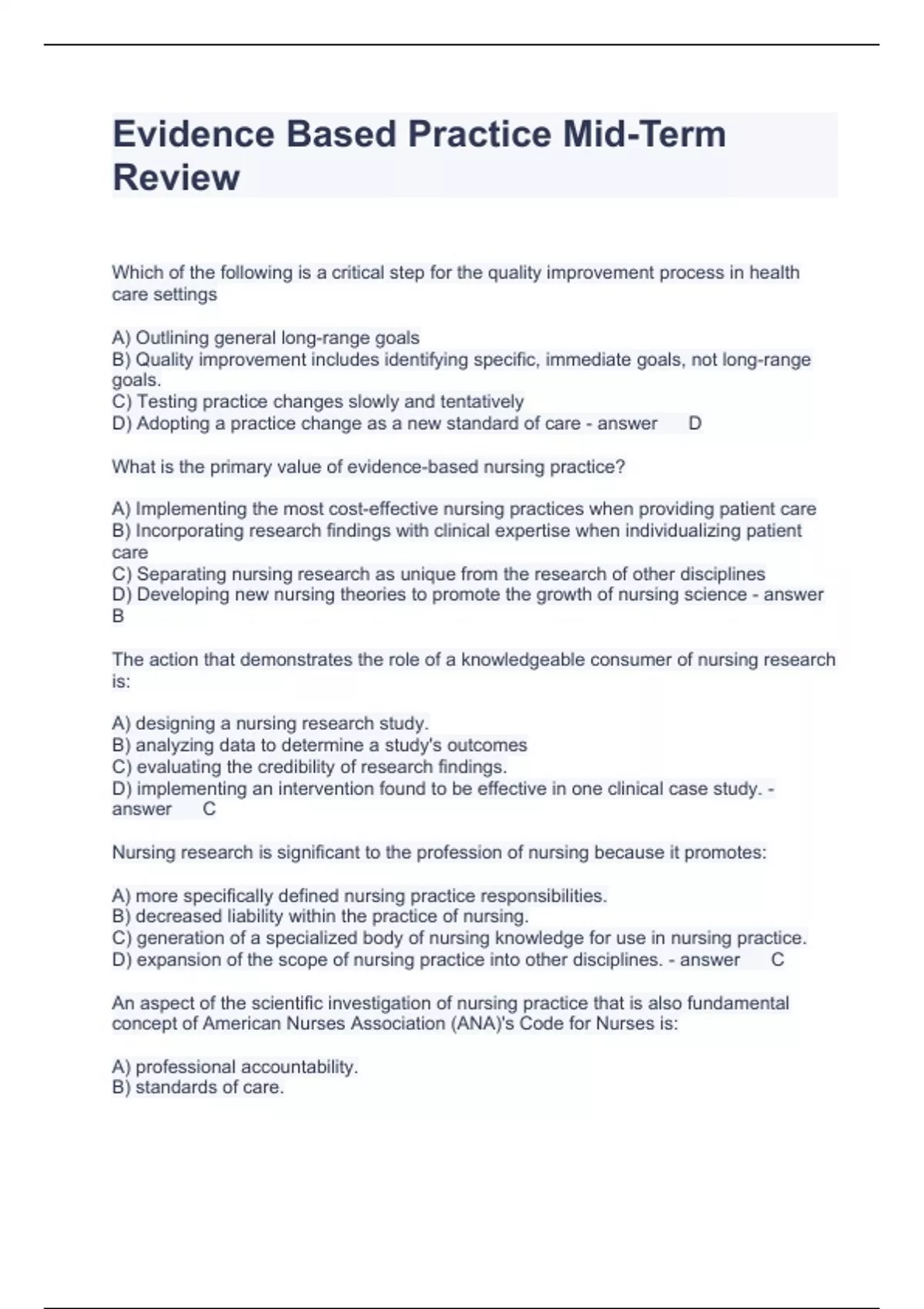 Evidence Based Practice Mid Questions with correct Answers - Nursing ...