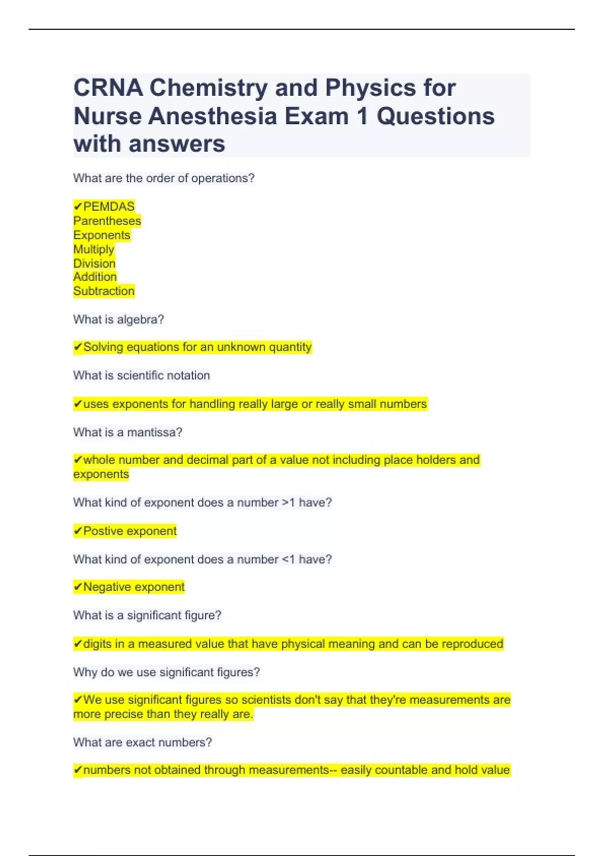 CRNA Chemistry and Physics for Nurse Anesthesia Exam 1 Questions with ...