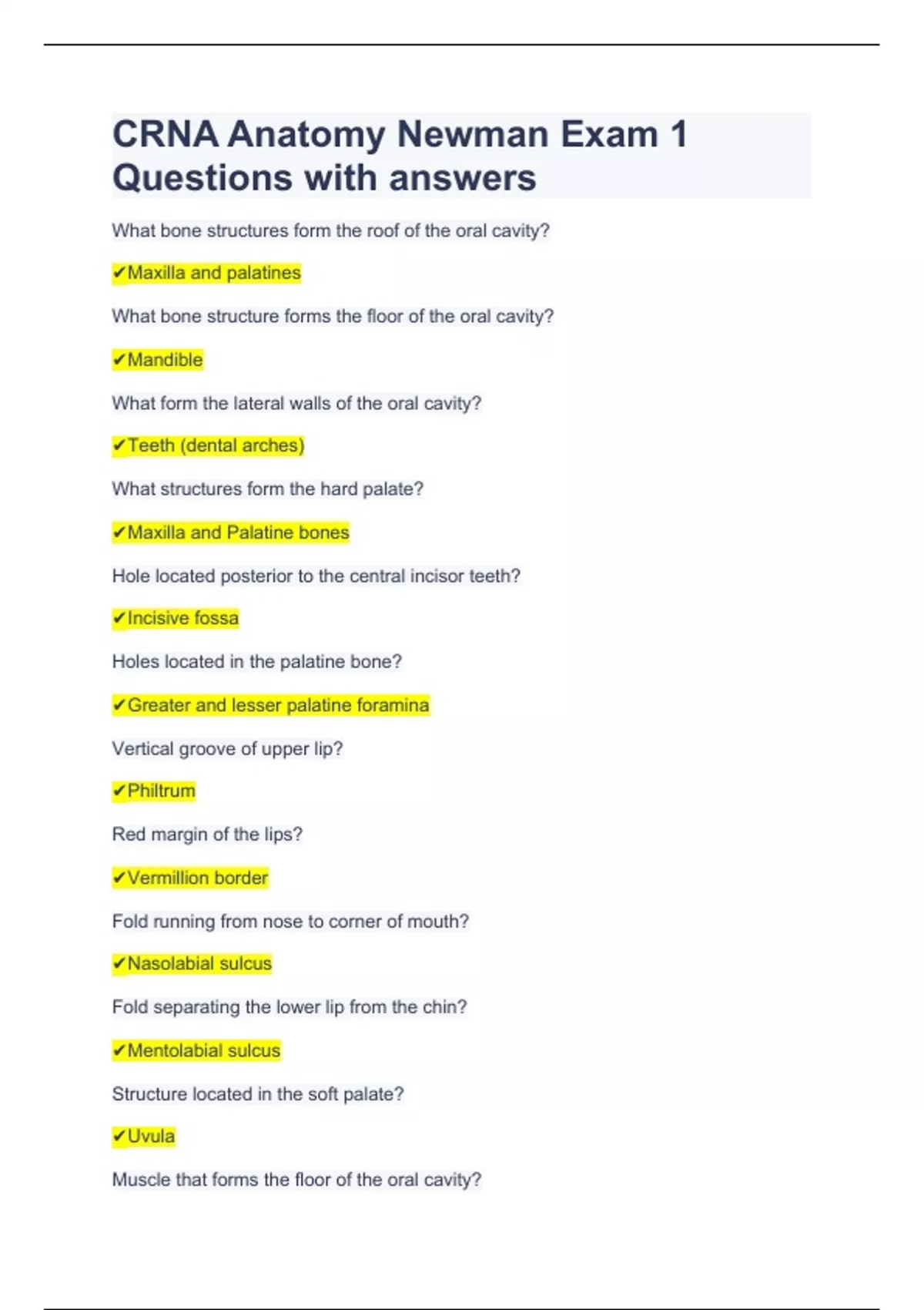 CRNA Anatomy Newman Exam 1 Questions with answers - CRNA - Certified ...