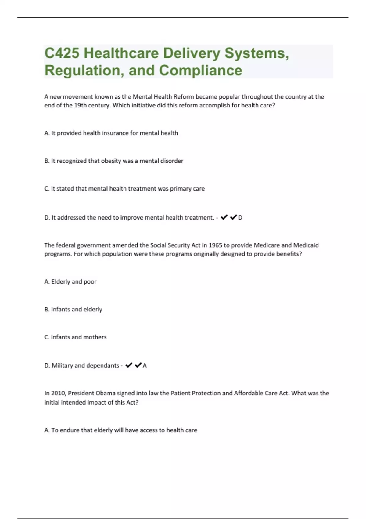 C425 Healthcare Delivery Systems, Regulation, and Compliance exam 2023 ...