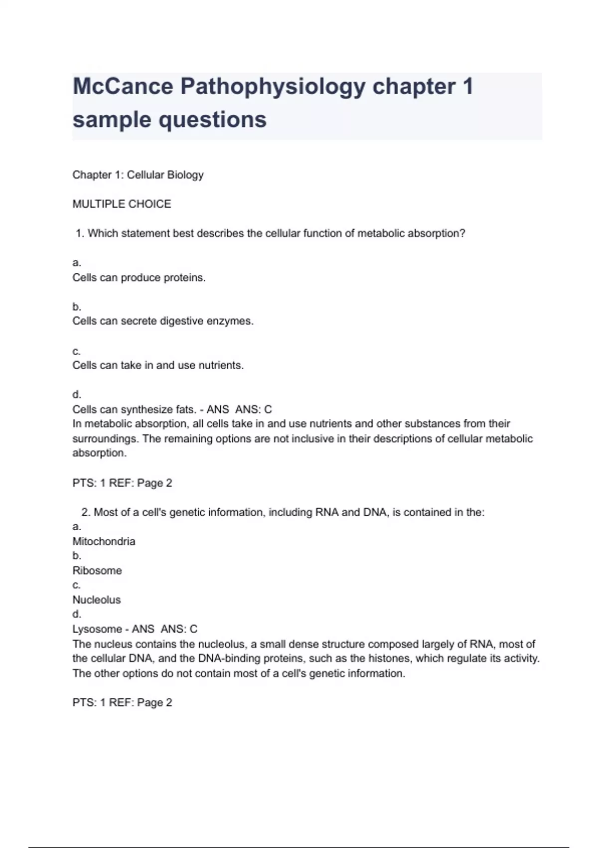 McCance Pathophysiology chapter 1 sample questions With VERIFIED ANSWERS - Pathophysiology ...