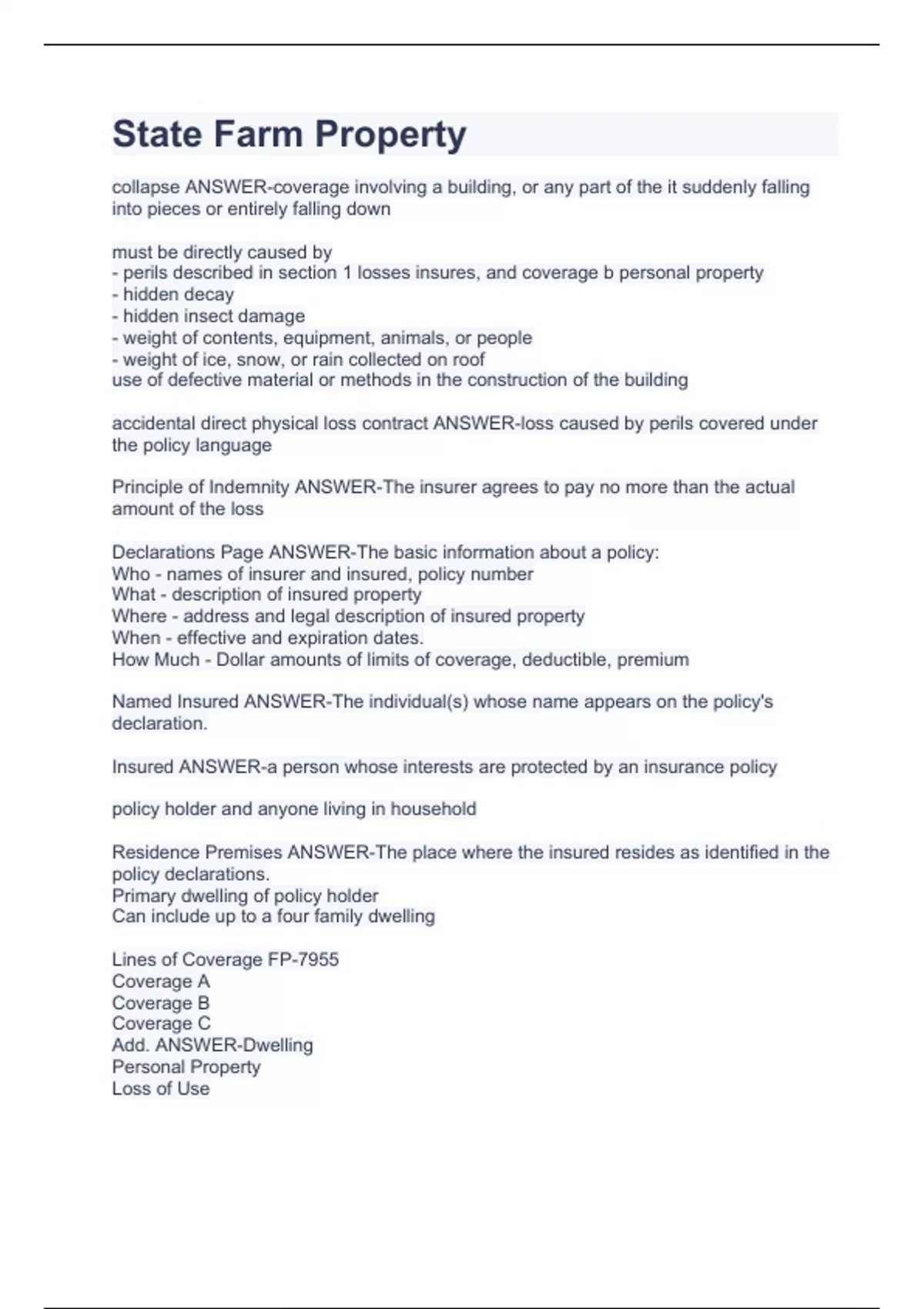 State Farm Property 2022 Questions And Answers 100% Correct 2023 NEW ...