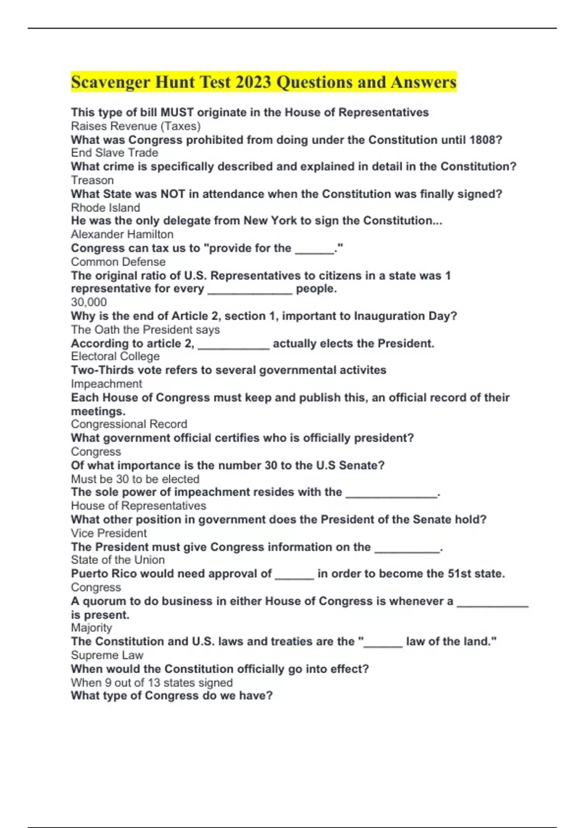 Scavenger Hunt Test 2023 Questions and Answers - Scavenger Hunt - Stuvia US