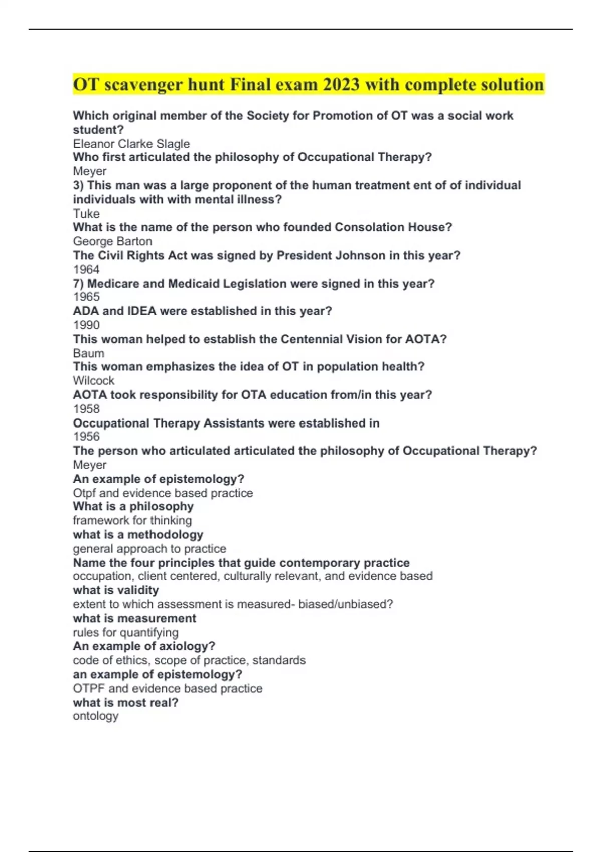 OT scavenger hunt Final exam 2023 with complete solution - OT scavenger ...