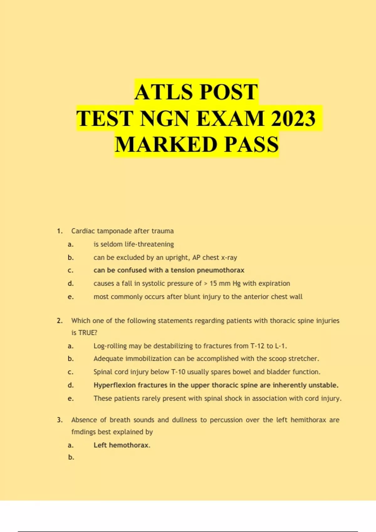 ATLS POST TEST NGN EXAM 2023 MARKED PASS - ATLS POST T NGN - Stuvia US