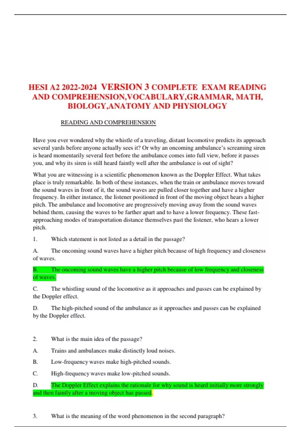 HESI AVERSION 3 COMPLETE EXAM READING AND COMPREHENSION,VOCABULARY ...