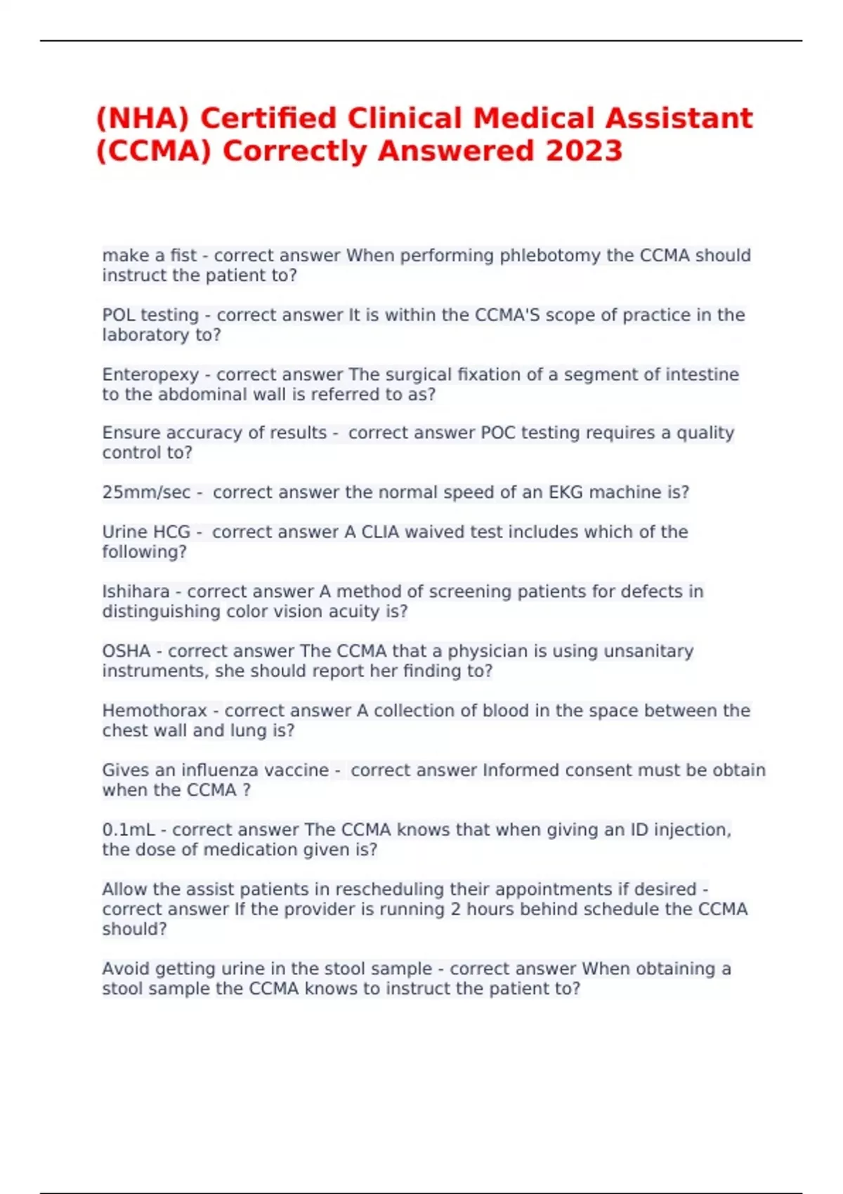 (NHA) Certified Clinical Medical Assistant (CCMA) Correctly Answered ...