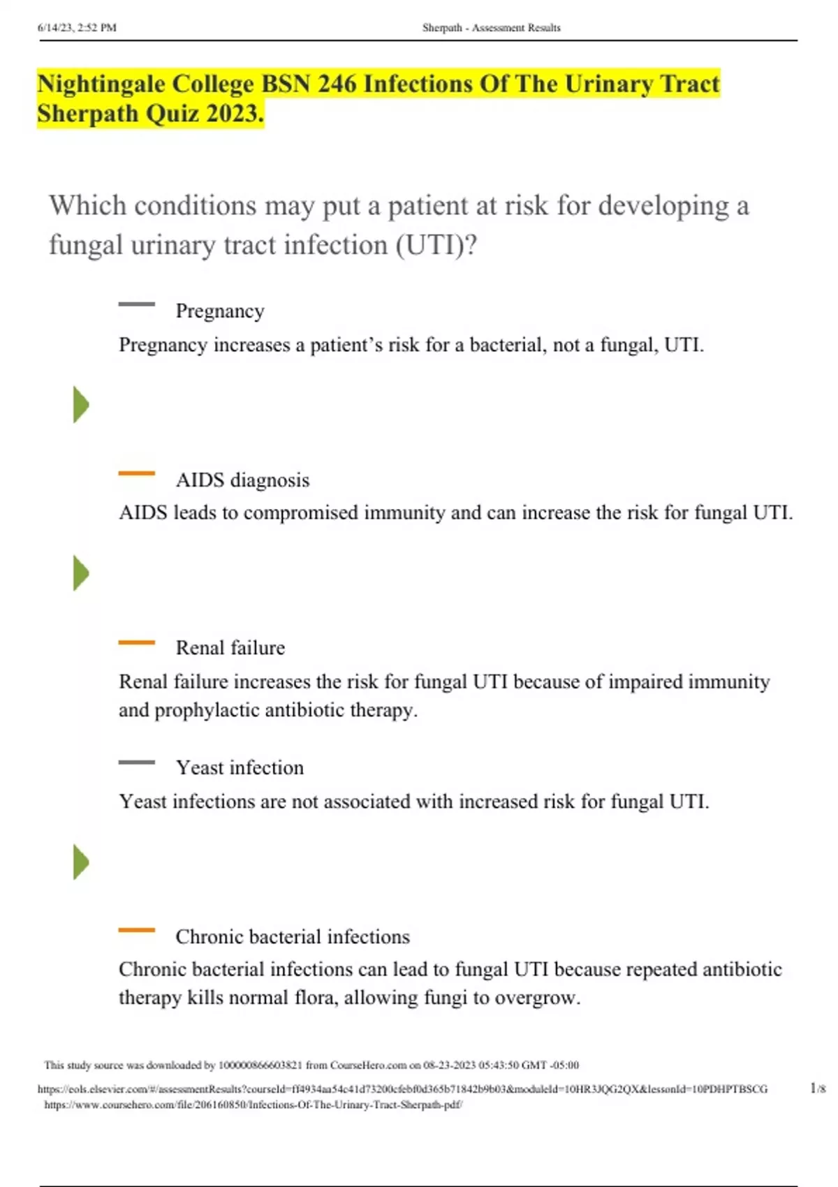 Nightingale College BSN 246 Infections Of The Urinary Tract Sherpath Quiz 2023. - Nightingale ...