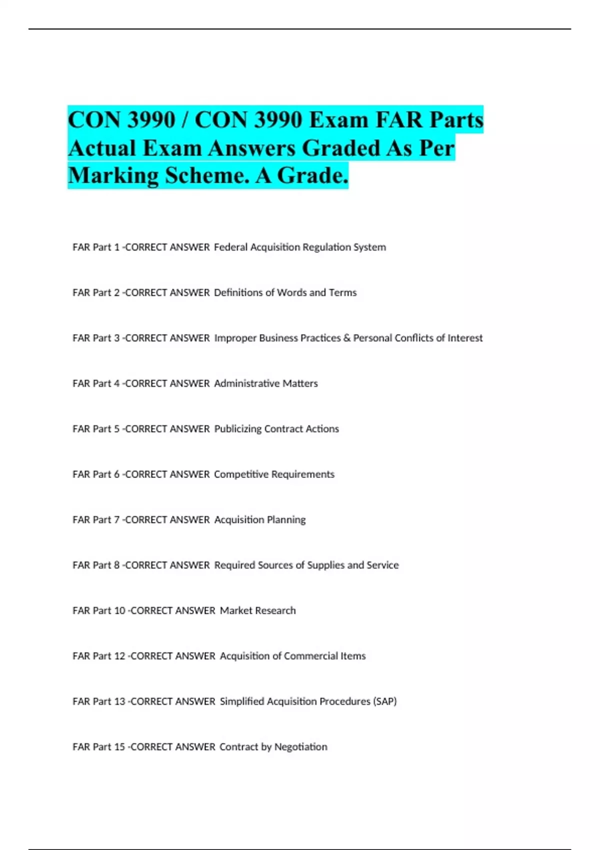 CON 3990 / CON 3990 Exam FAR Parts Actual Exam Answers Graded As Per ...