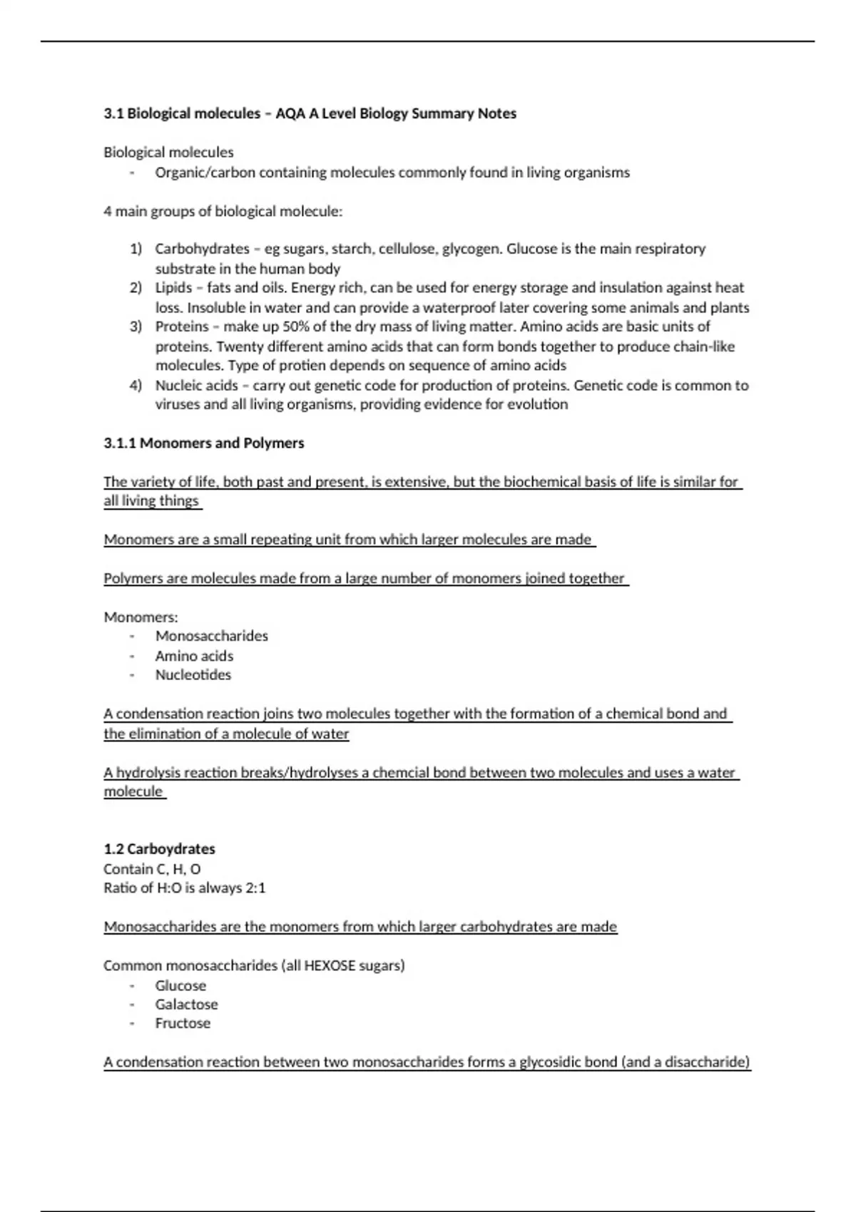 Monomers, Polymers and Carbohydrates - AQA A Level Biology Summary ...
