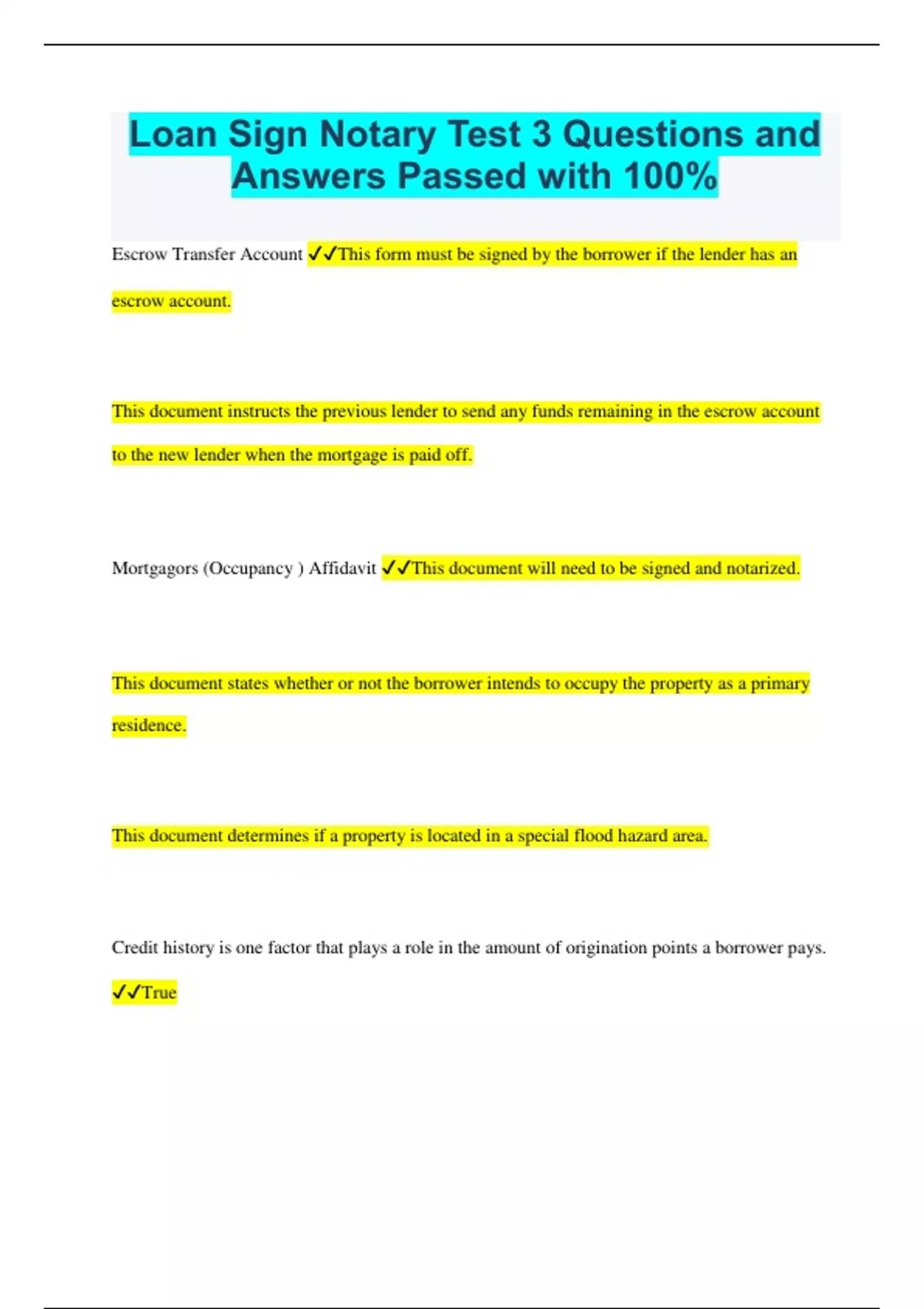 Loan Sign Notary Test 3 Questions and Answers Passed with 100% - Loan ...