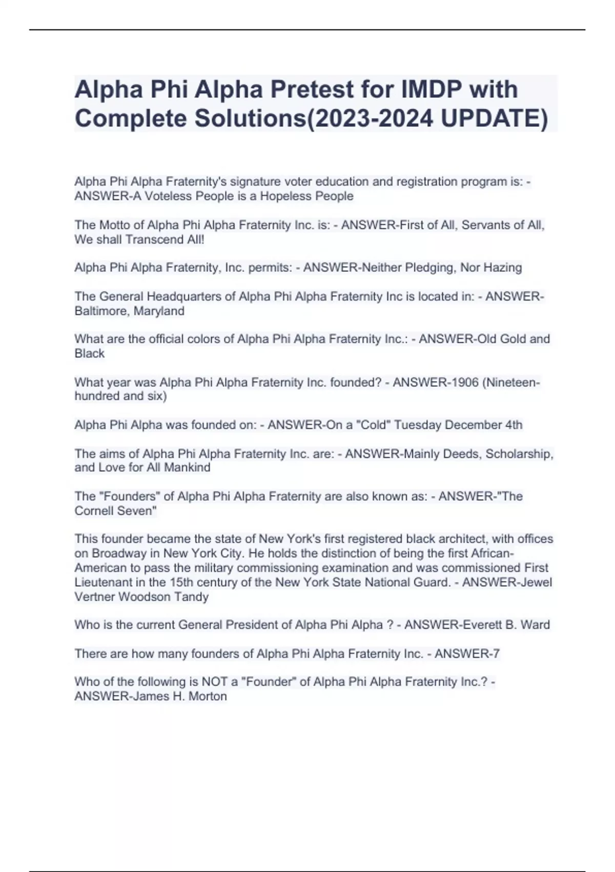 Alpha Phi Alpha Pretest for IMDP with Complete Solutions( UPDATE ...