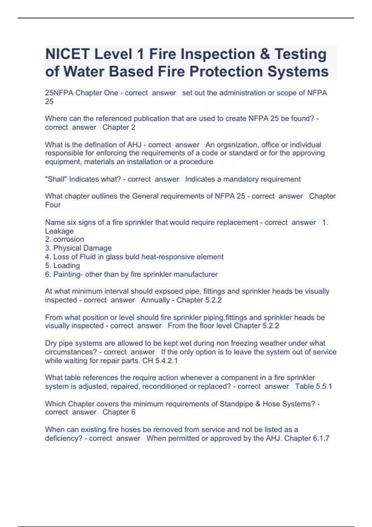 NICET Level 1 Fire Inspection Question and answers already passed 2023 ...