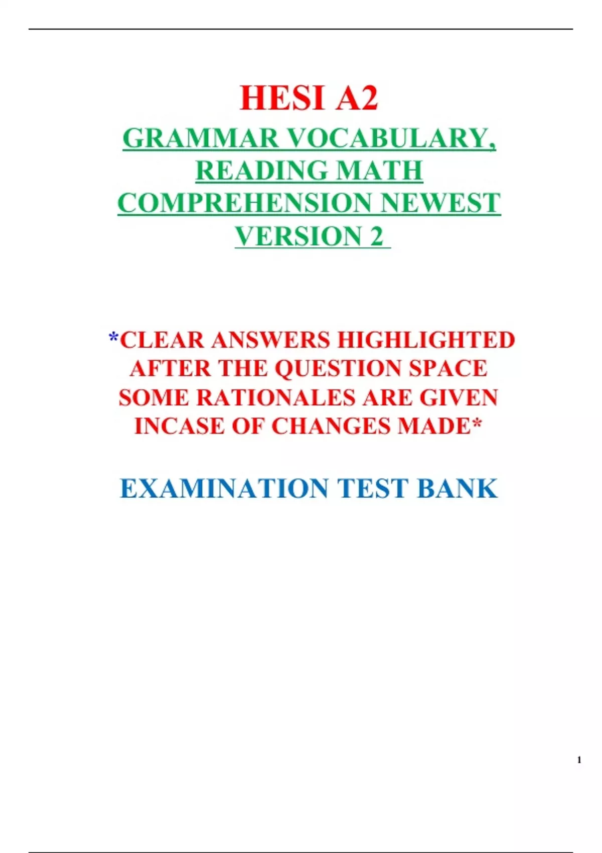 HESI A2 V2 GRAMMAR VOCABULARY, READING MATH COMPREHENSION NEWEST ...