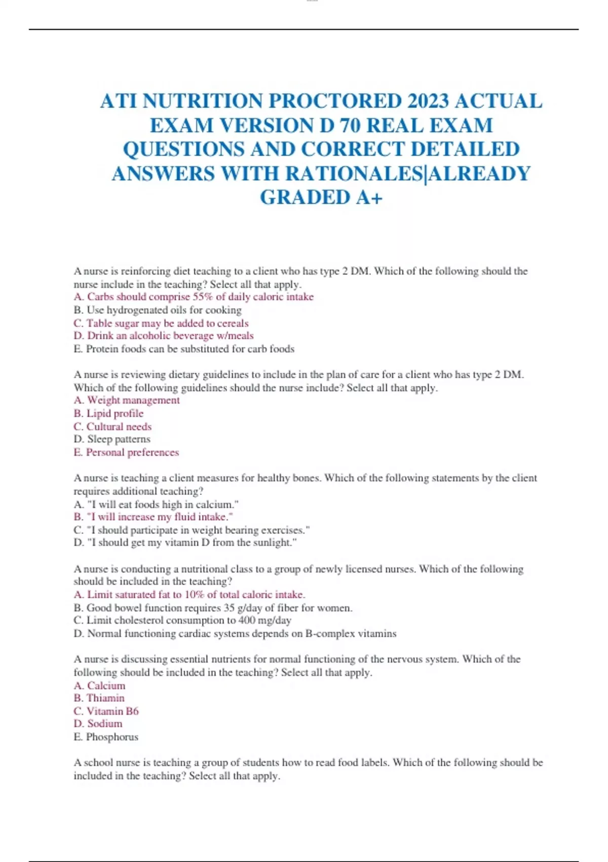 ATI NUTRITION PROCTORED (5 LATEST VERSIONS) 2023 VERSION A,B,C,D AND ...