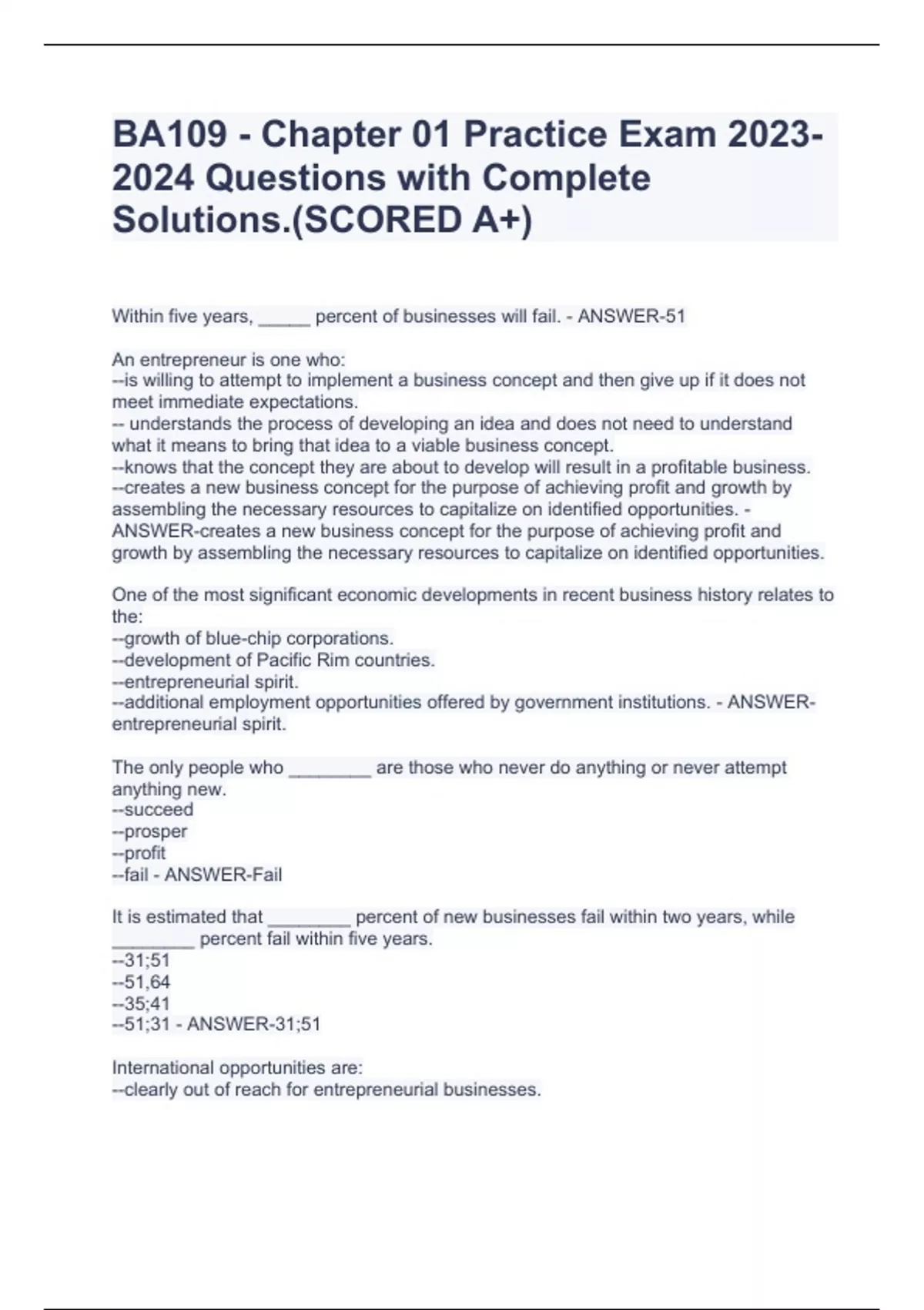 BA109 - Chapter 01 Practice Exam Questions with Complete Solutions ...