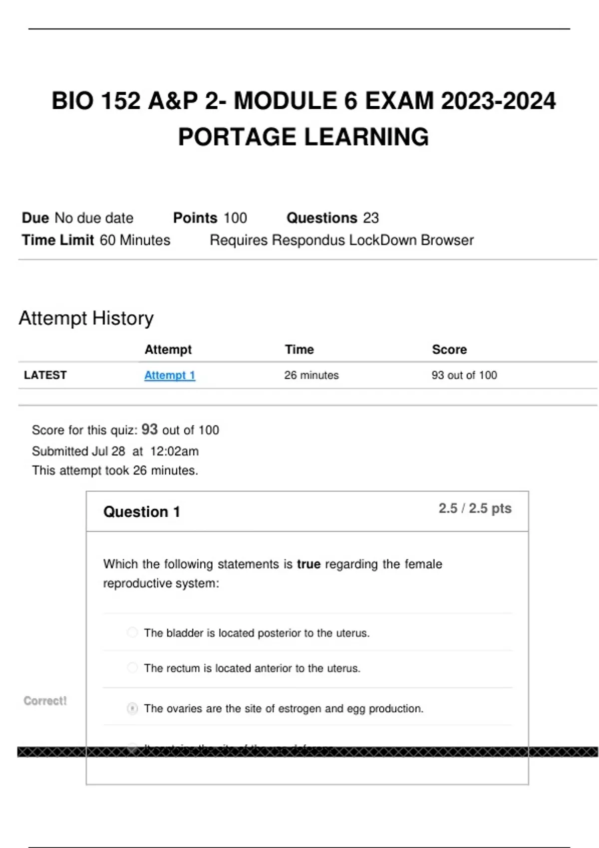 BIO 152 A&P 2- MODULE 6 EXAM PORTAGE LEARNING - BIO 152 A&P 2- MODULE 6 ...
