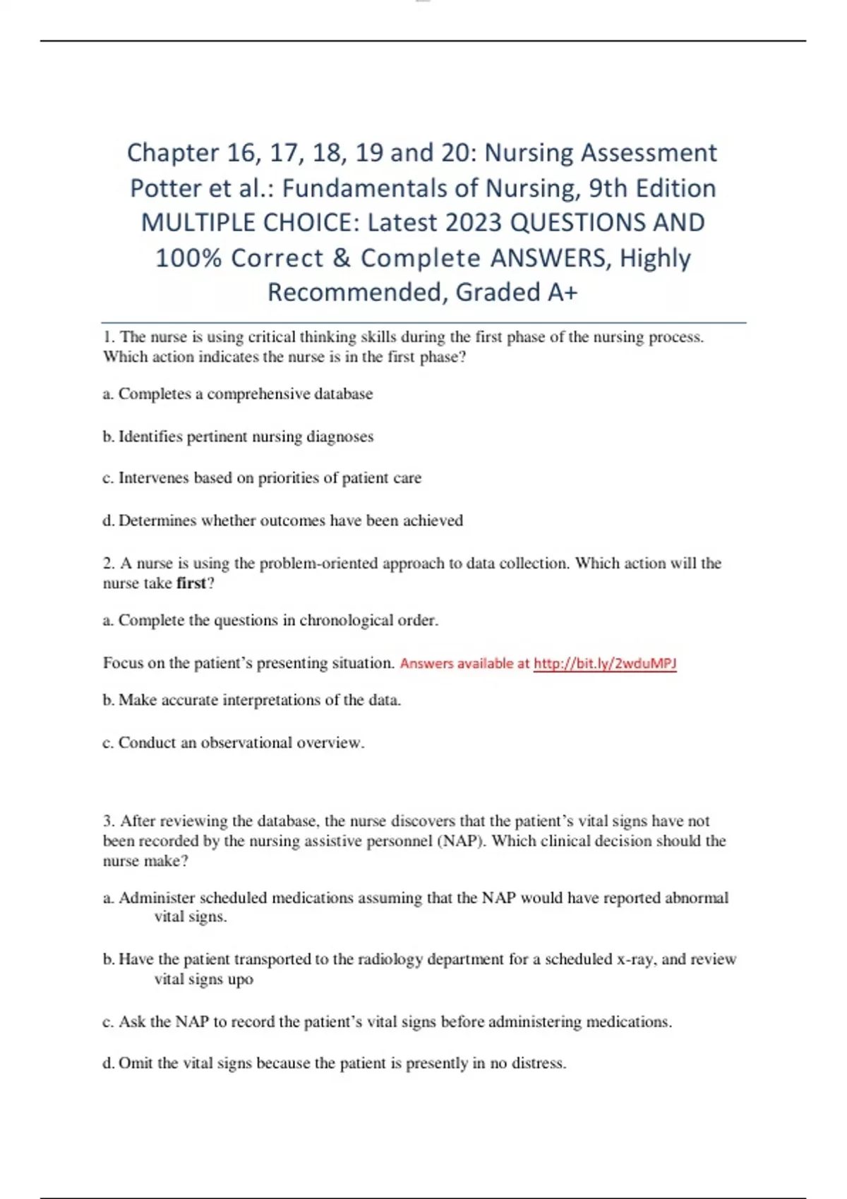 Chapter 16, 17, 18, 19 and 20: Nursing Assessment Potter et al.: Fundamentals of Nursing, 9th ...
