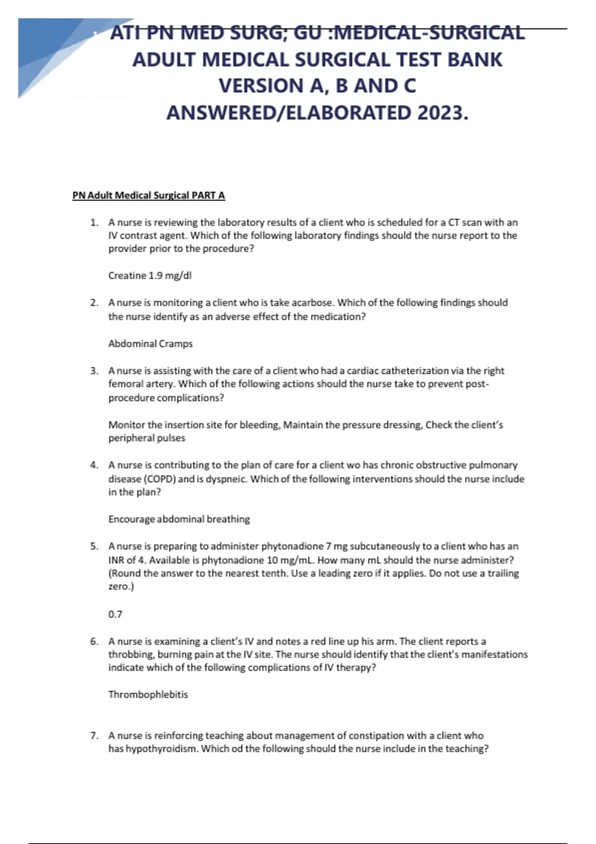 ATI PN MED SURG; GU :MEDICAL-SURGICAL ADULT MEDICAL SURGICAL TEST BANK ...