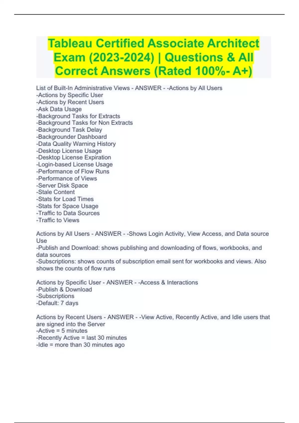 Tableau Certified Associate Architect Exam () | Questions & All Correct ...