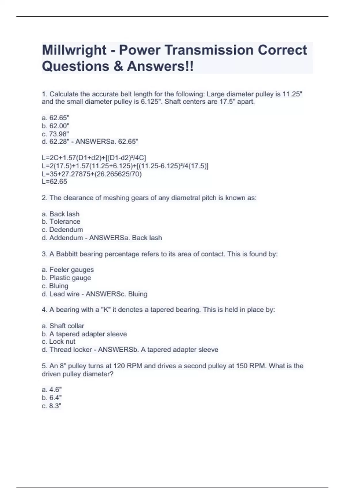 PACKAGE DEAL FOR Millwright Power Transmission Correct Questions ...