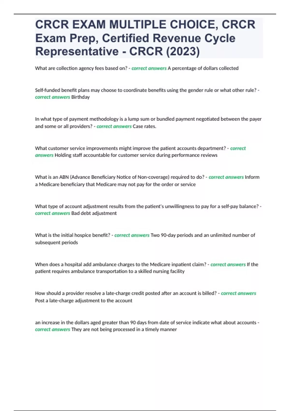 CRCR EXAM MULTIPLE CHOICE, CRCR Exam Prep, Certified Revenue Cycle ...