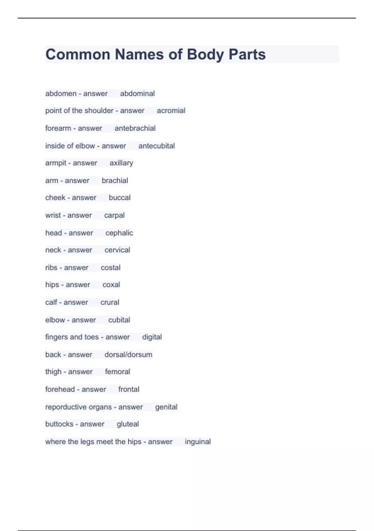 Common Names of Body Parts Questions with correct Answers - Booty ...