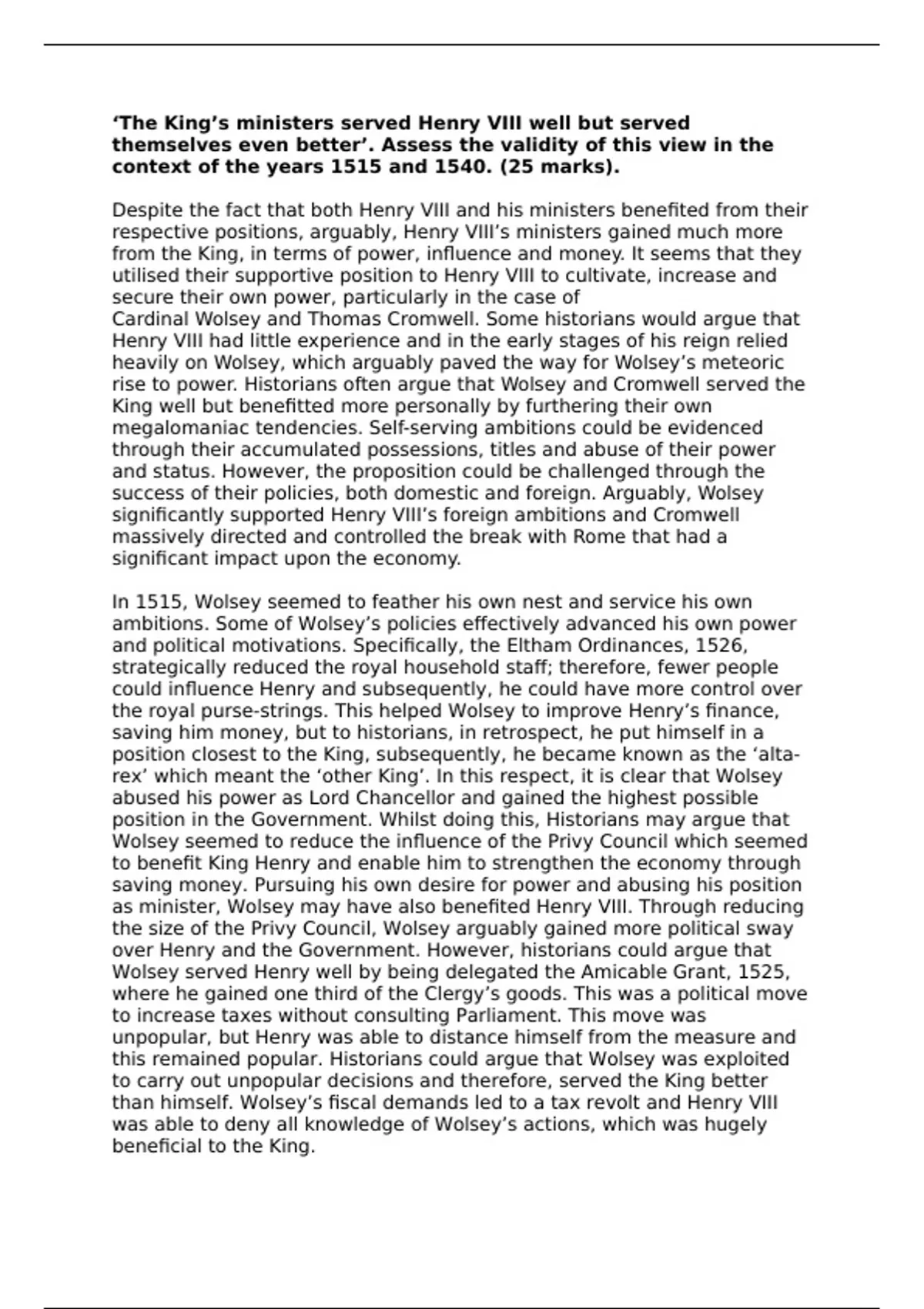 AQA A-level History: ‘The King’s ministers served Henry VIII well but ...