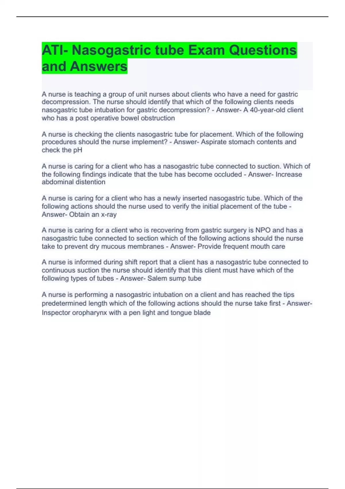 ATI- Nasogastric tube Exam Questions and Answers - ATI- Nasogastric ...