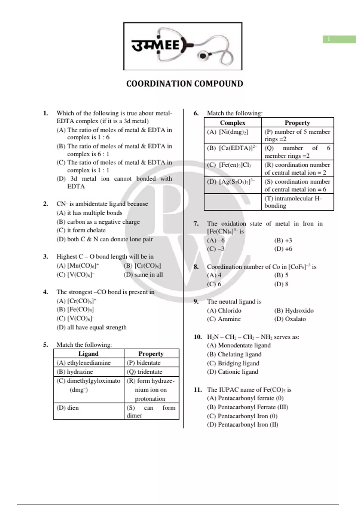 Coordination Compound (Part 1) Practice Sheet - Neet - Stuvia US