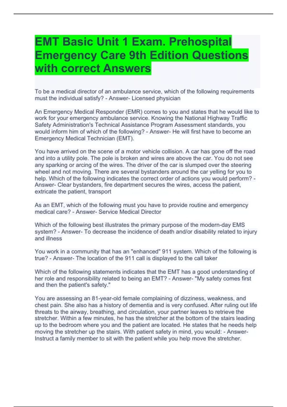 EMT Basic Unit 1 Exam. Prehospital Emergency Care 9th Edition Questions with correct Answers ...