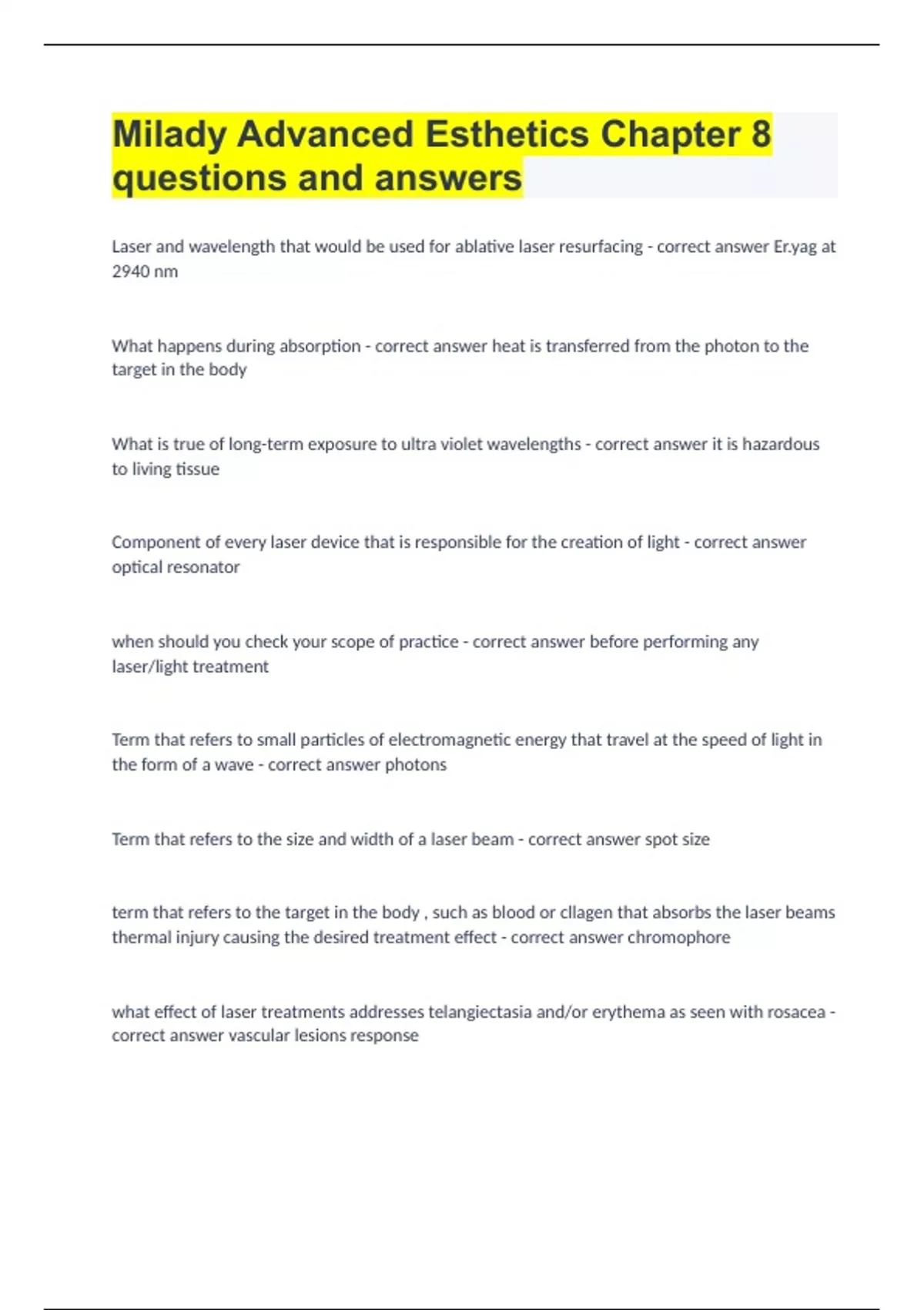 Milady Advanced Esthetics Chapter 8 questions and answers - MILADY ...