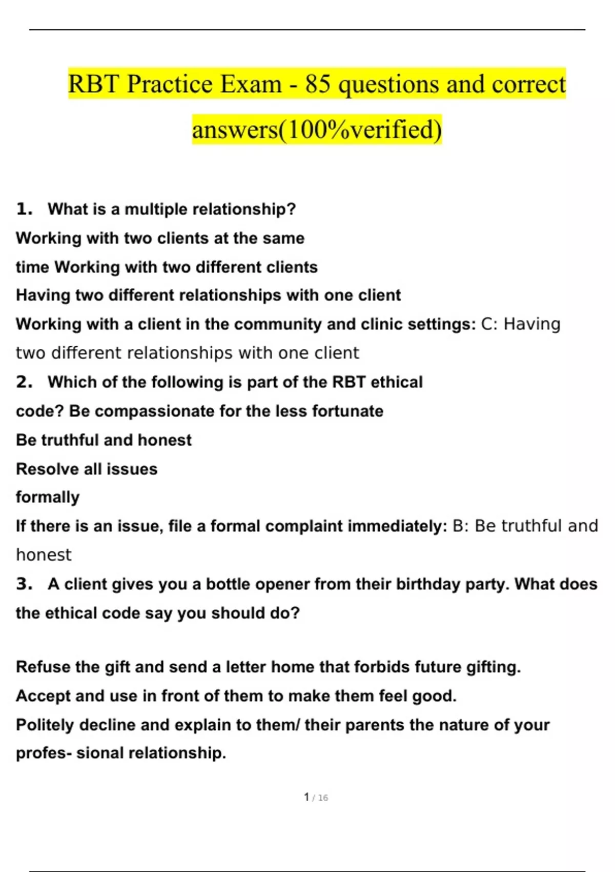 RBT Practice Exam - 85 Questions and 100% Correct Answers - Rbt - Stuvia US